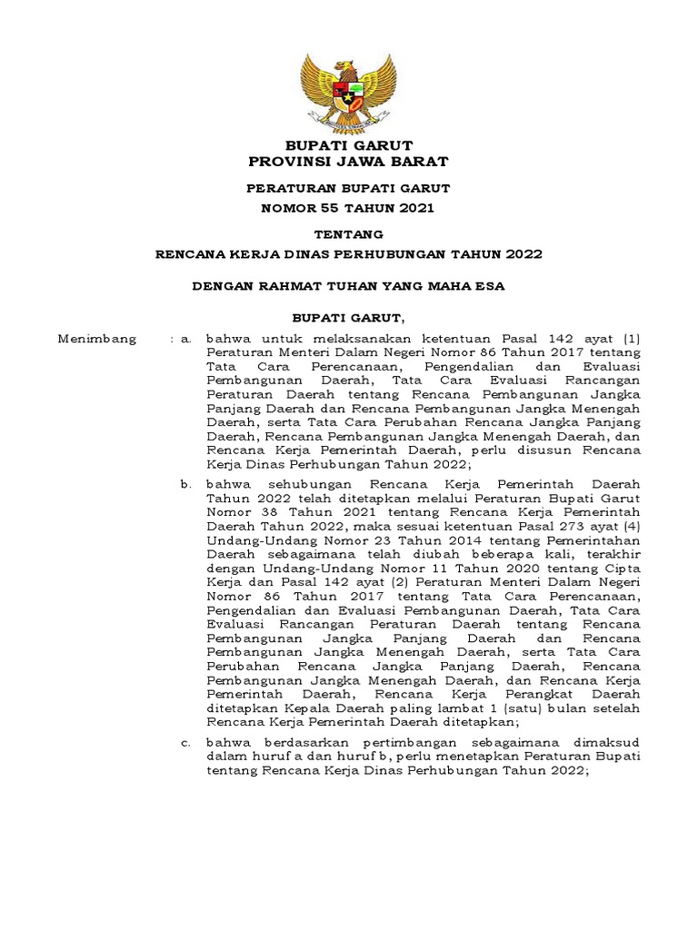 PERBUP NO 55 TH 2021 TTG RENCANA KERJA DINAS PERHUBUNGAN TAHUN ANGGARAN ...
