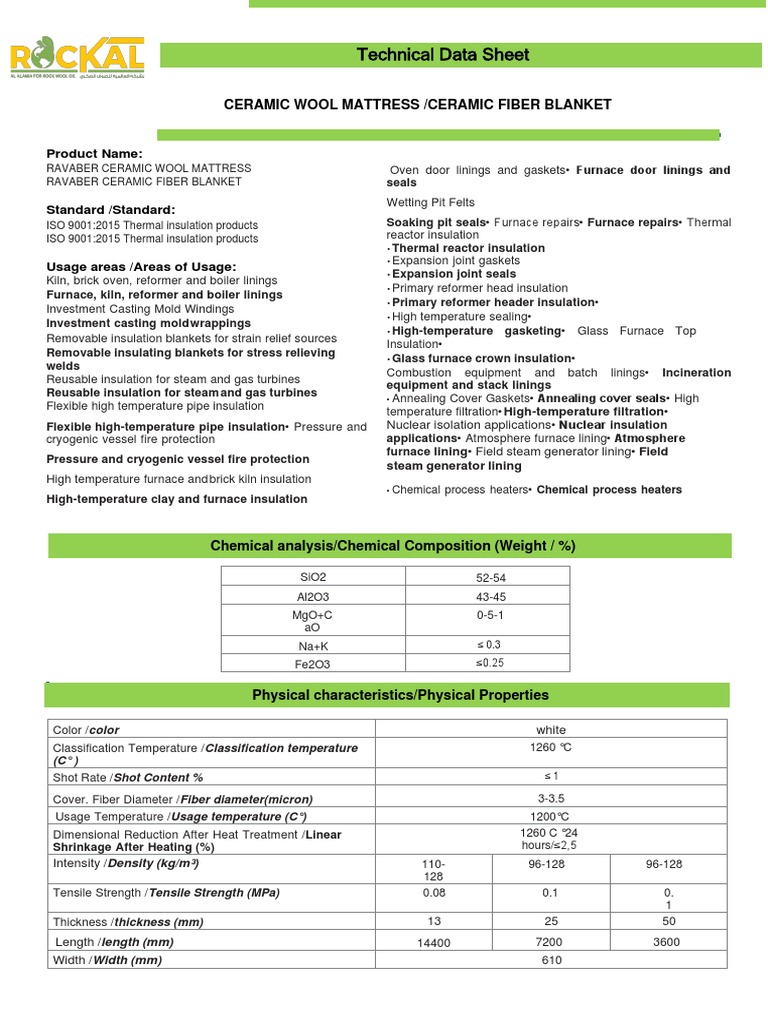 Technical Data Sheet: Ceramic Wool Mattress /ceramic Fiber Blanket ...