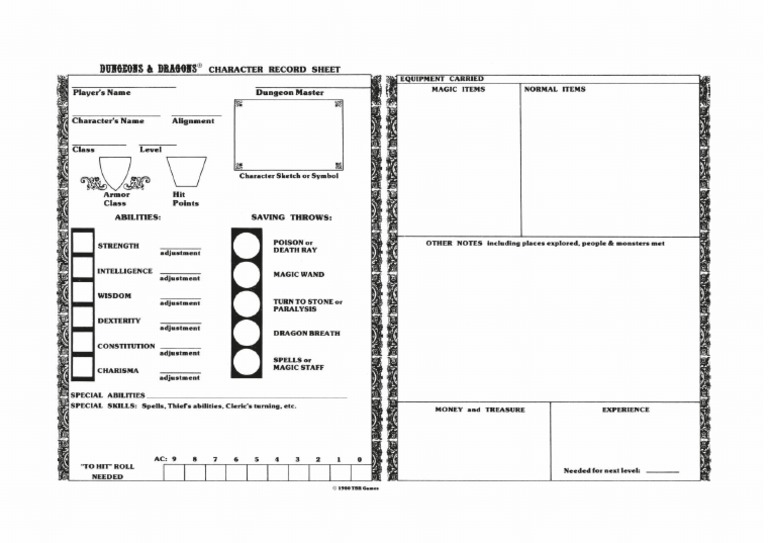 Dungeons and Dragons Basic Expert Character Record Sheet Original Scan ...