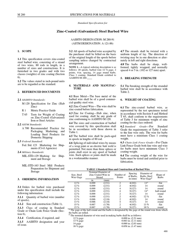Zinc-Coated (Galvanized) Steel Barbed Wire: Standard Specification For ...
