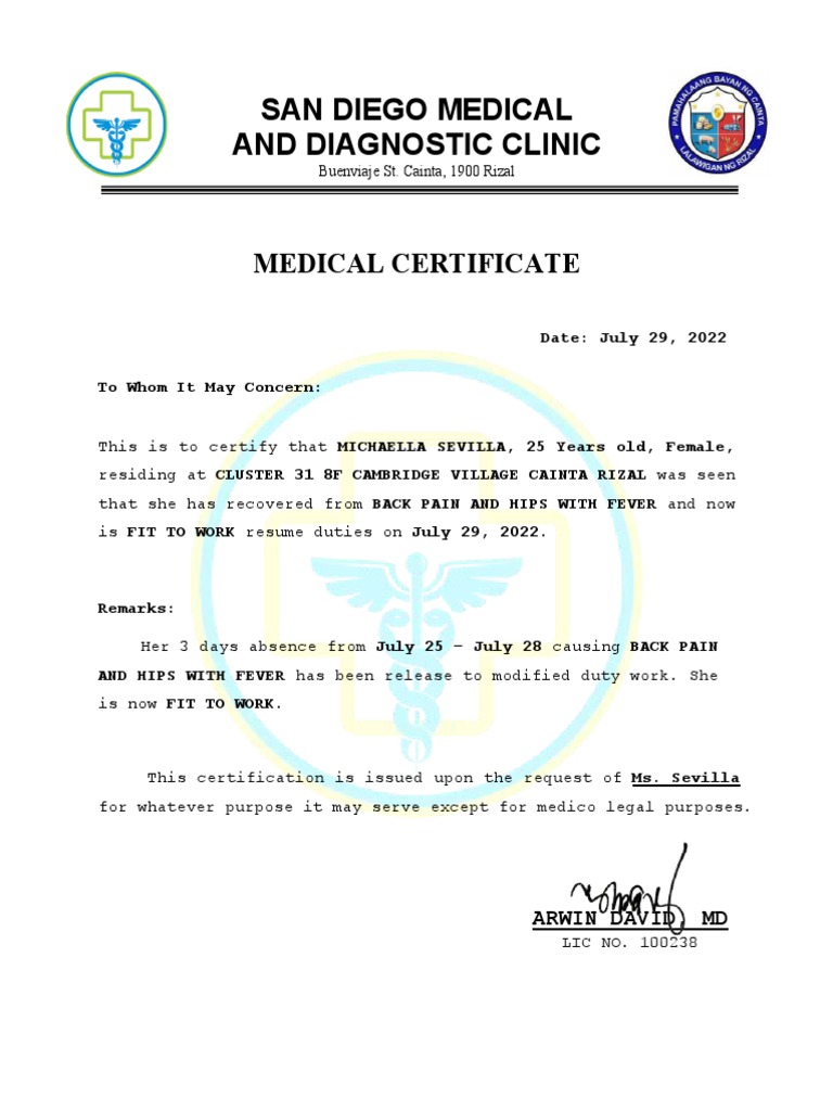 Medical Cert - Fit To Work | PDF