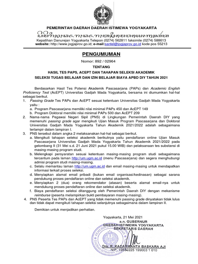 Pengumuman Lulus Tes ACEPT Dan PAPS Biaya APBD Tahun 2021 N | PDF