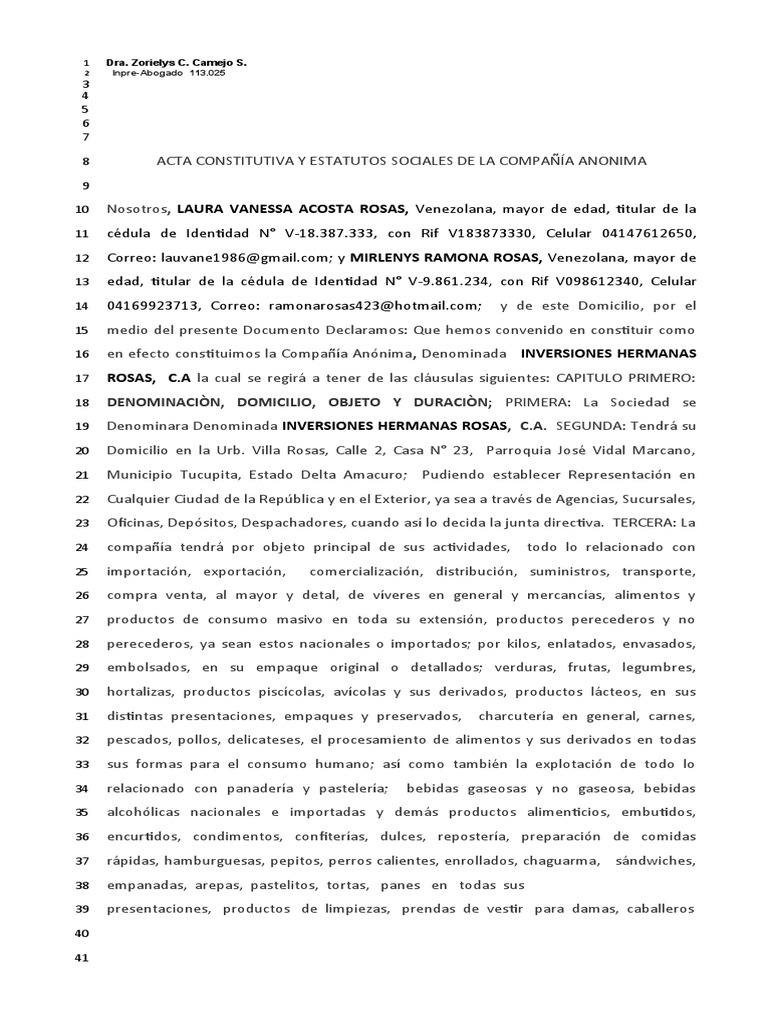 Acta Constitutiva de Inversiones Hermanas Rosas | PDF | Compartir (Finanzas) | Venezuela