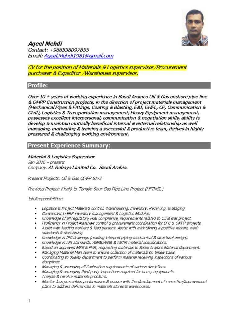 Aqeel CV | PDF | Warehouse | Logistics