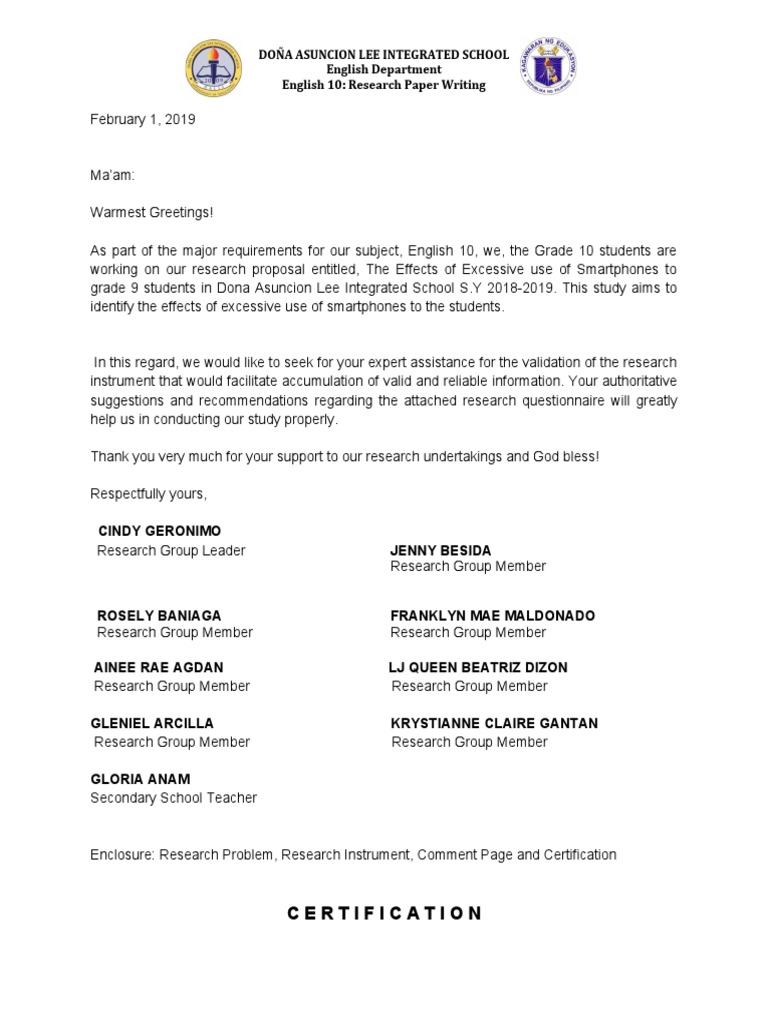 Final Sample Letter and Instrument Validation | PDF | Cognition