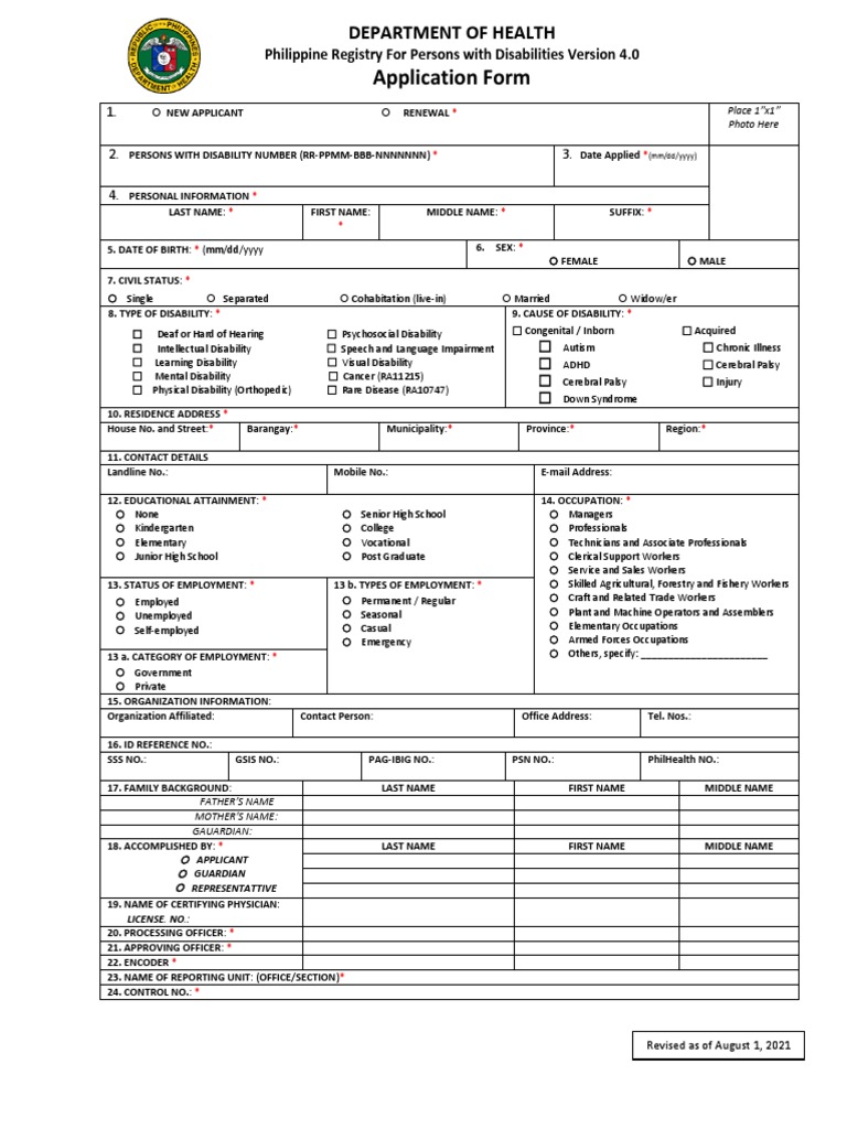 Application Form: Philippine Registry For Persons With Disabilities Version 4.0 | PDF | Visual ...