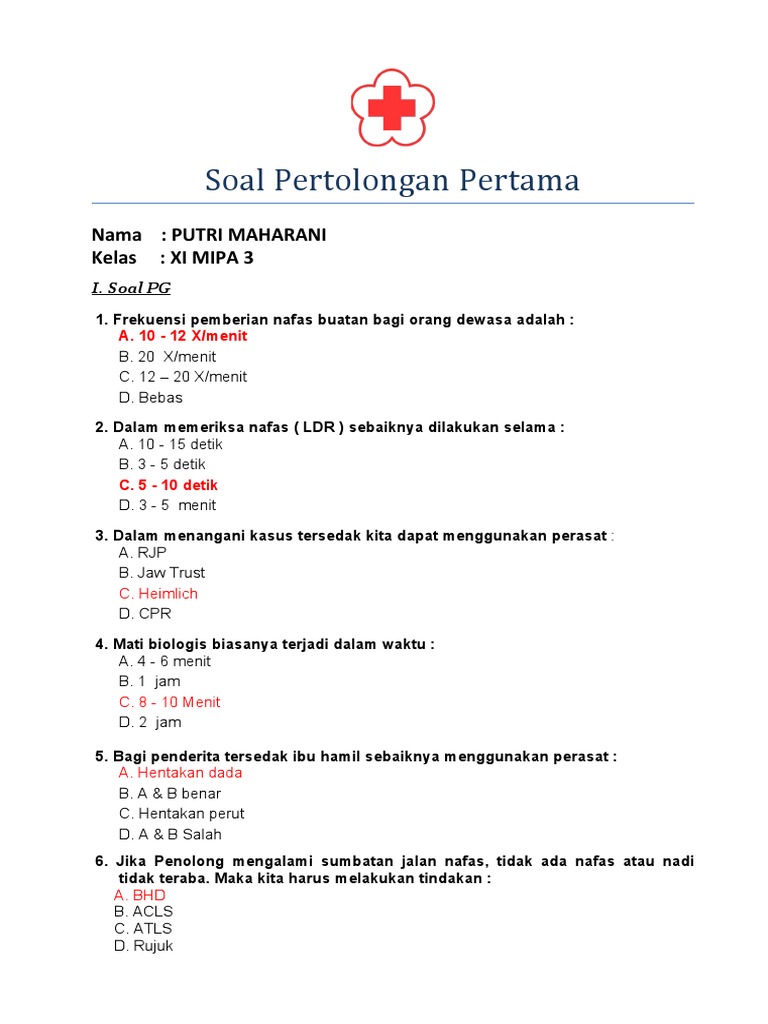 Soal Pertolongan Pertama - 96 (PUTRI) | PDF Soal Pertolongan Pertama - 96 (PUTRI) | PDF