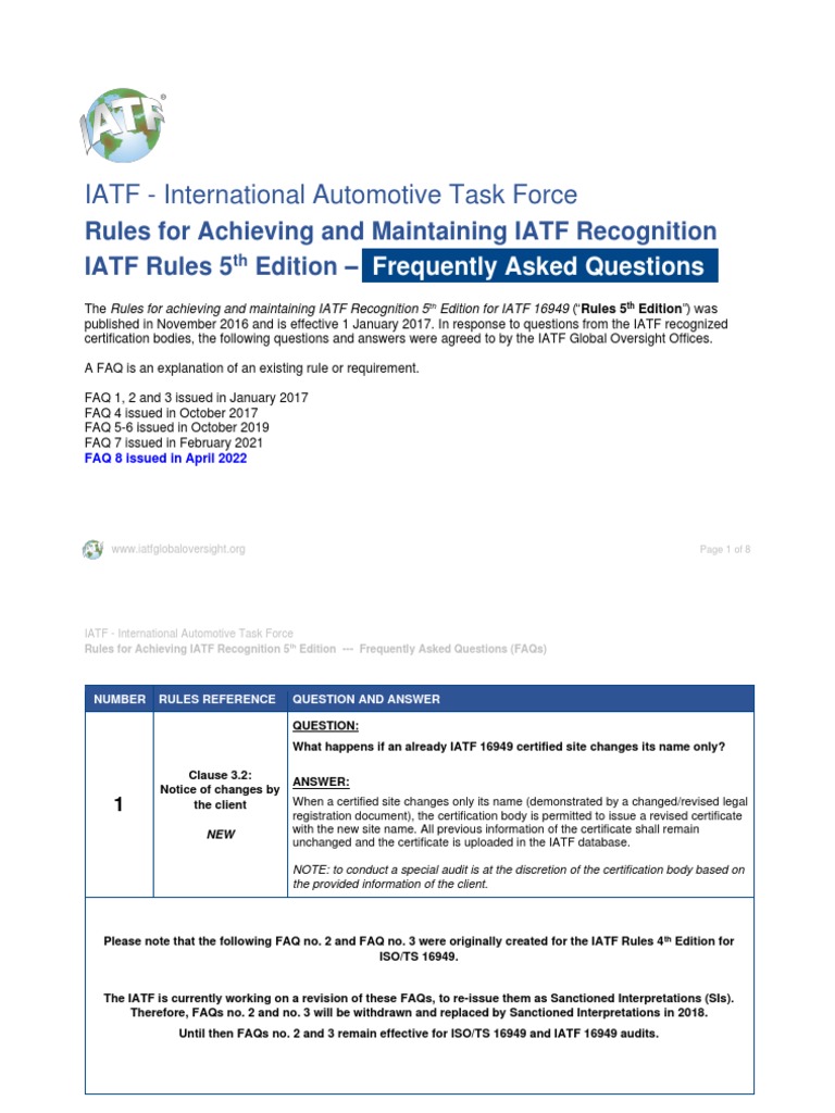 IATF Rules 5th Edition FAQs Approved April 2022 | PDF | Audit | Business