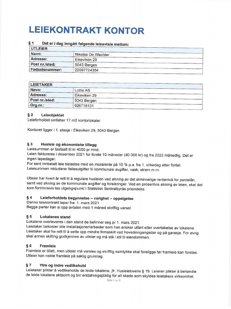 Leiekontrakt & Plan Kontor Nikolas de Wachter - Lottis AS | PDF
