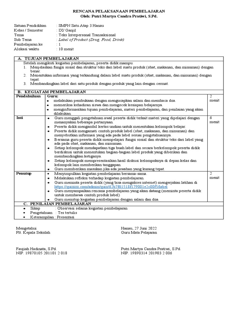 RPP Product Label Simulasi Mengajar CGP 7 - Putri MCP | PDF
