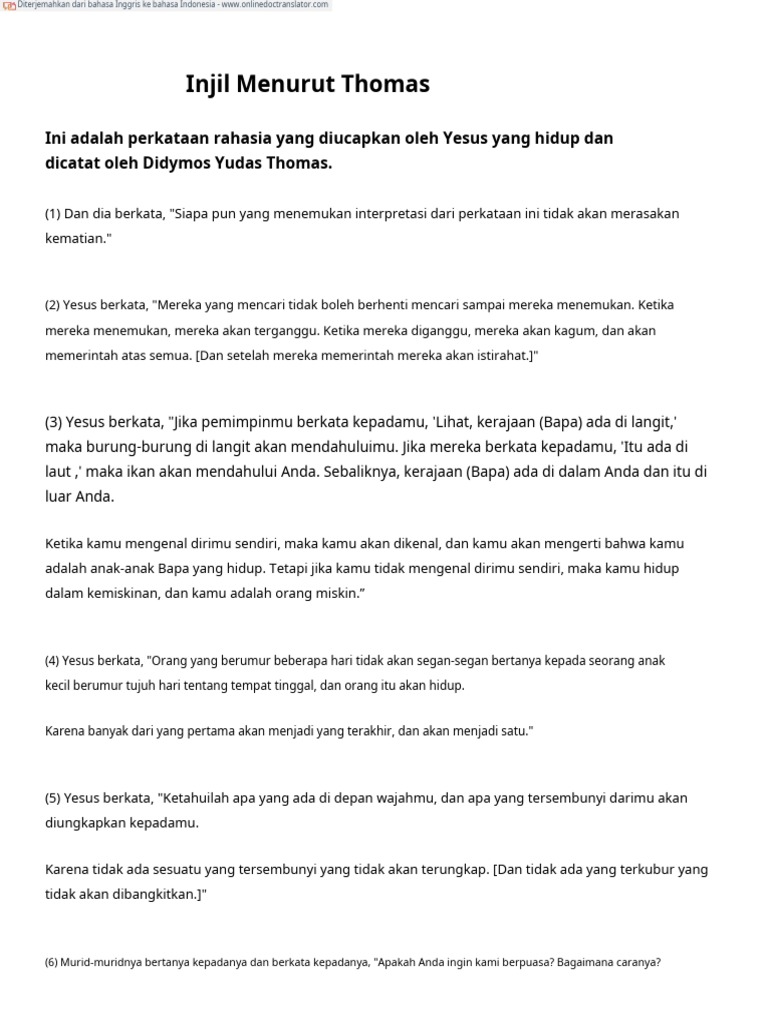 Injil Menurut Thomas: Ajaran Yesus | PDF | Agama & Spiritualitas