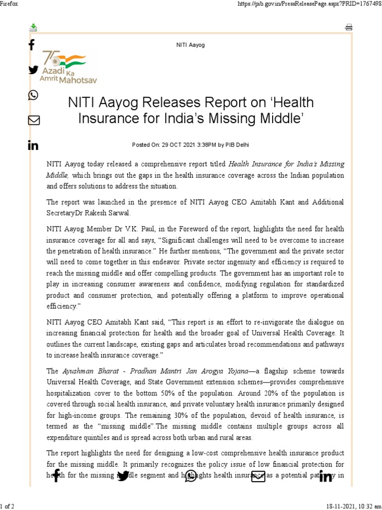 NITI Aayog Releases Report On Health Insurance For India's Missing ...