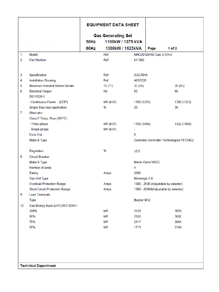 Cummins QSK60 Gas Generator Technical Data Sheet | PDF