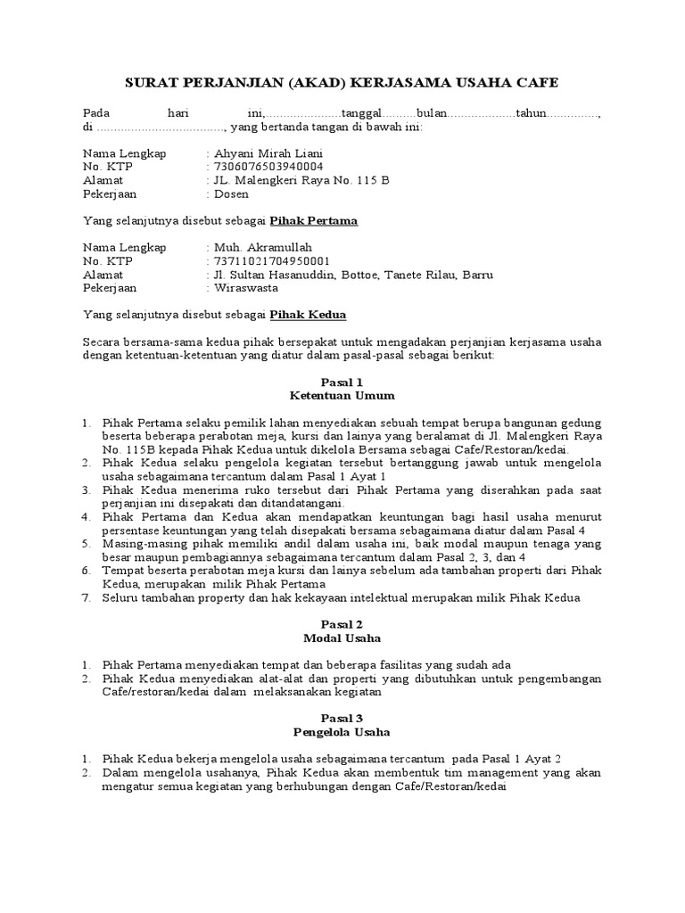 Perjanjian Kerjasama Cafe | PDF