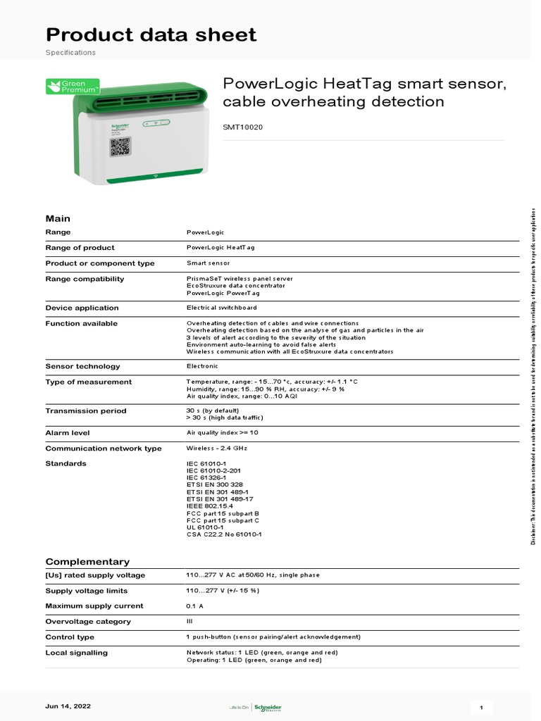 Product Data Sheet: Powerlogic Heattag Smart Sensor, Cable Overheating ...