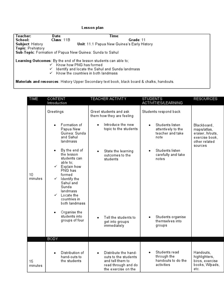 Time Content Teacher Activity Students Activities/Learning Resources ...