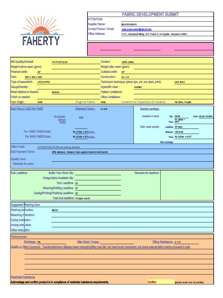 FDS FORMAT - Faherty BW Jacquard | PDF | Dyeing | Textiles