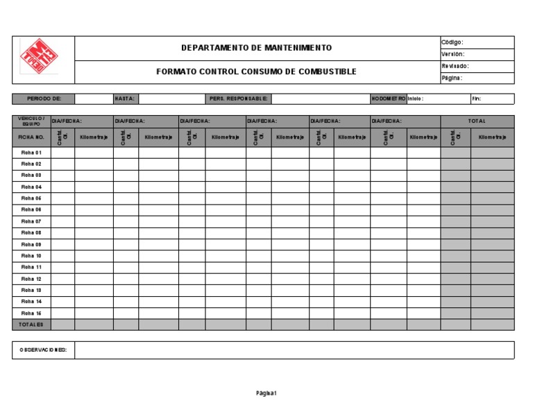 FORMATO CONTROL DE COMBUSTIBLE | PDF