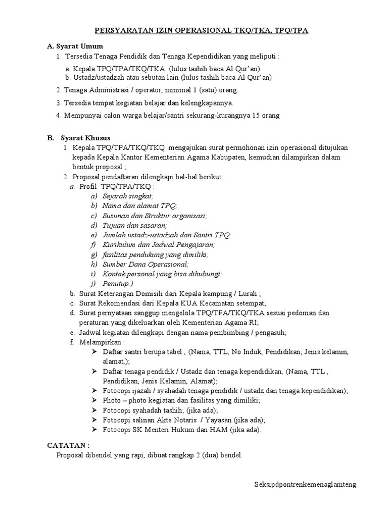 Persyaratan Izin Operasional TPQ PD Pontren | PDF