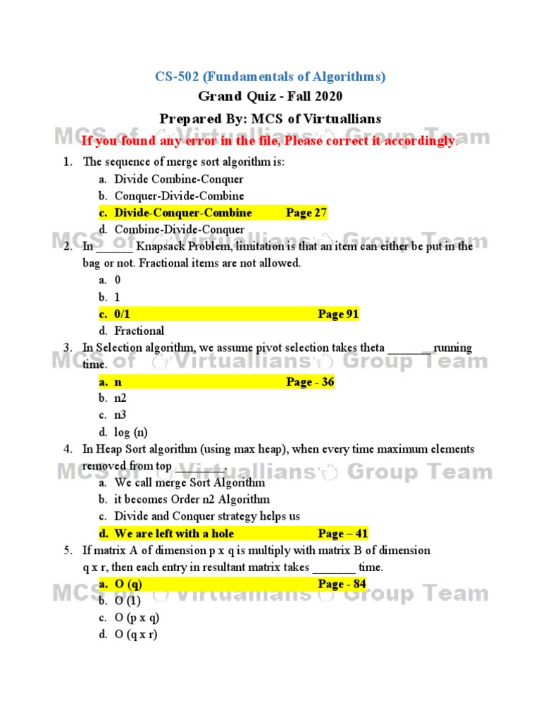 Cs502 Gq Dec 2020 Mcs Of Virtuallians Pdf Dynamic Programming Time Complexity