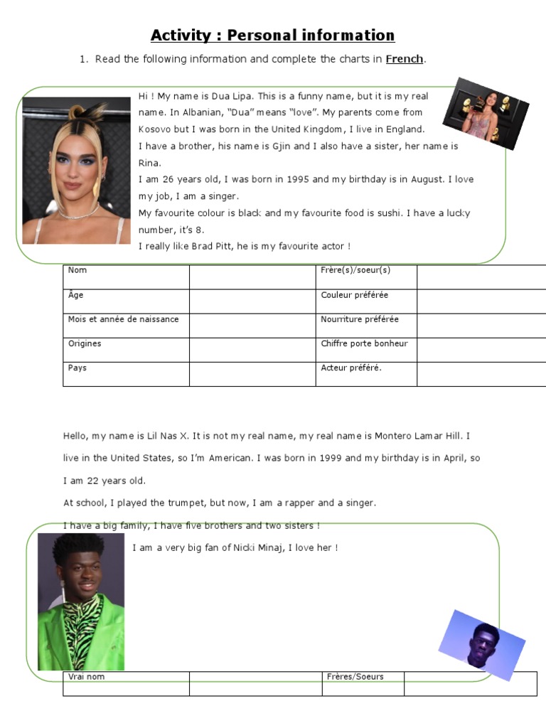 Activity: Personal Information: 1. Read The Following Information and ...