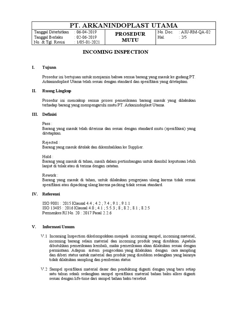SOP Incoming Inspection | PDF