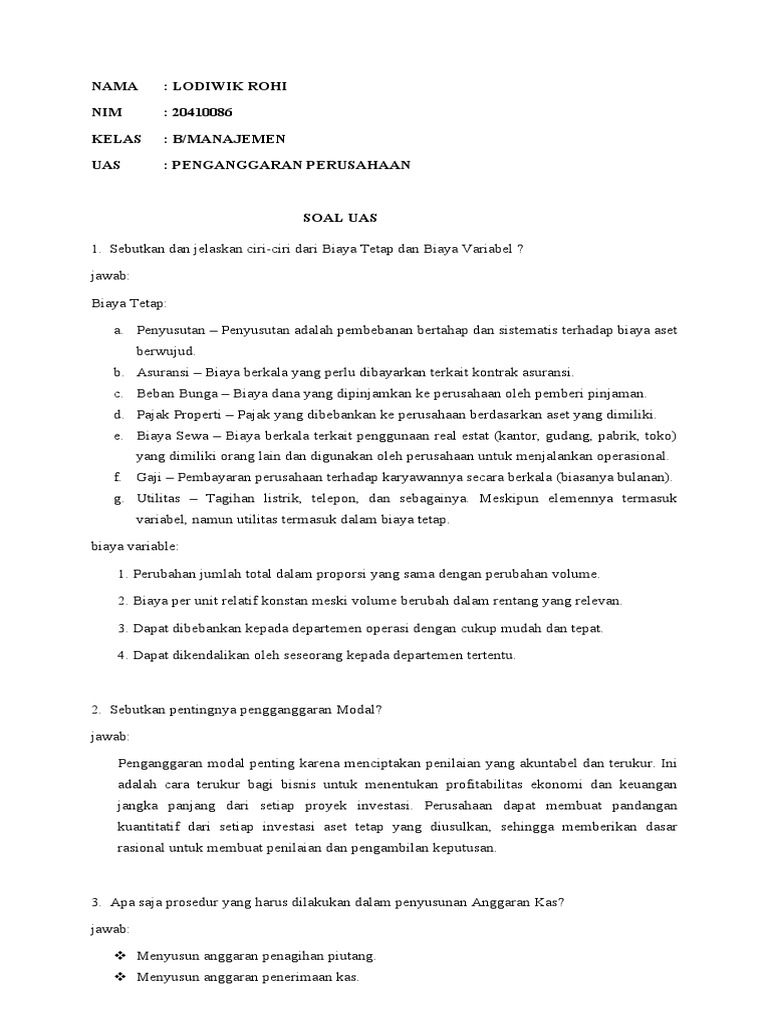 UAS Penganggaran Perusahaan (Lodiwik Rohi) | PDF | Bisnis