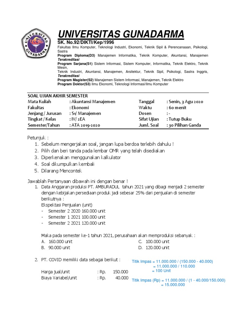 UAS Akuntansi Manajemen 2020 | PDF | Bisnis | Pengelolaan Keuangan & Uang