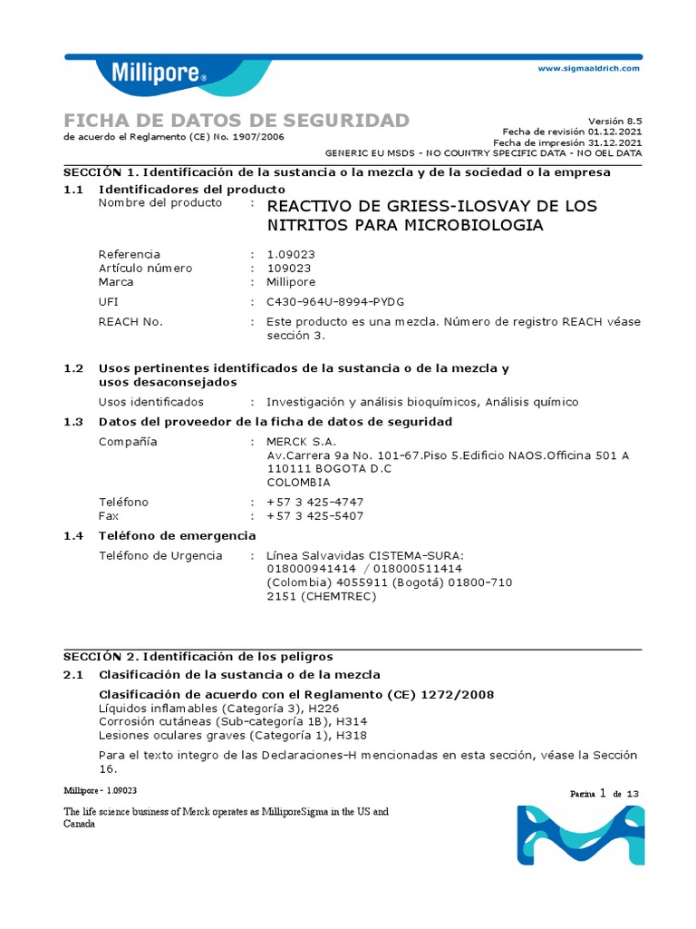 Reactivo de GRIESS-ILOSVAY de Los Nitritos - A-4-34 - Merck | PDF ...