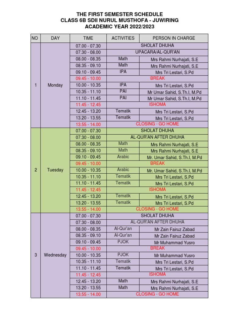 The First Semester Schedule Class 6B Sdii Nurul Musthofa - Juwiring ...