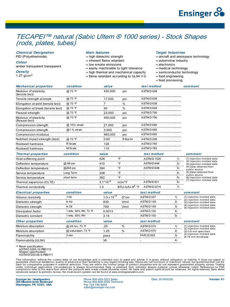 TECAPEI Natural (Sabic Ultem 1000 Series) 14 | PDF | Strength Of ...