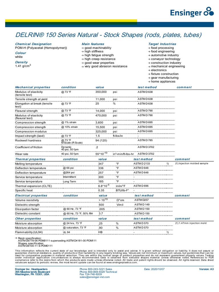 DELRIN 150 Series Nat Acetal Homopolymer 14 | PDF | Young's Modulus ...