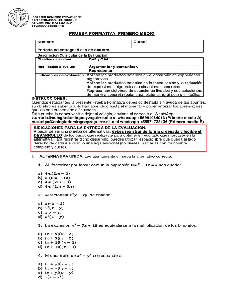 Prueba Formativa 2 Matematicas 1º Medio | PDF | Ecuaciones | Factorización