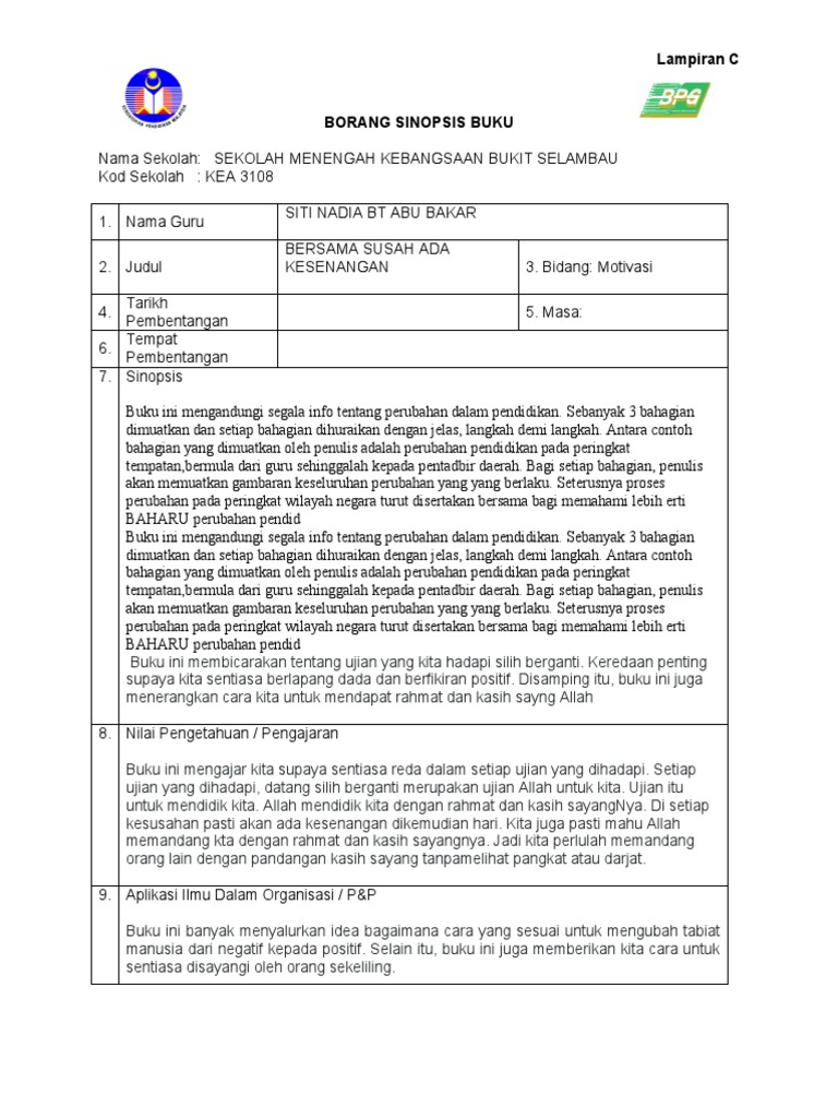 Borang Sinopsis Buku Untuk SPLKPM 4 | PDF Borang Sinopsis Buku Untuk SPLKPM 4 | PDF