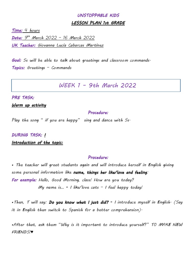 Greetings and Commands Lesson Plan | PDF | Lesson Plan | Communication