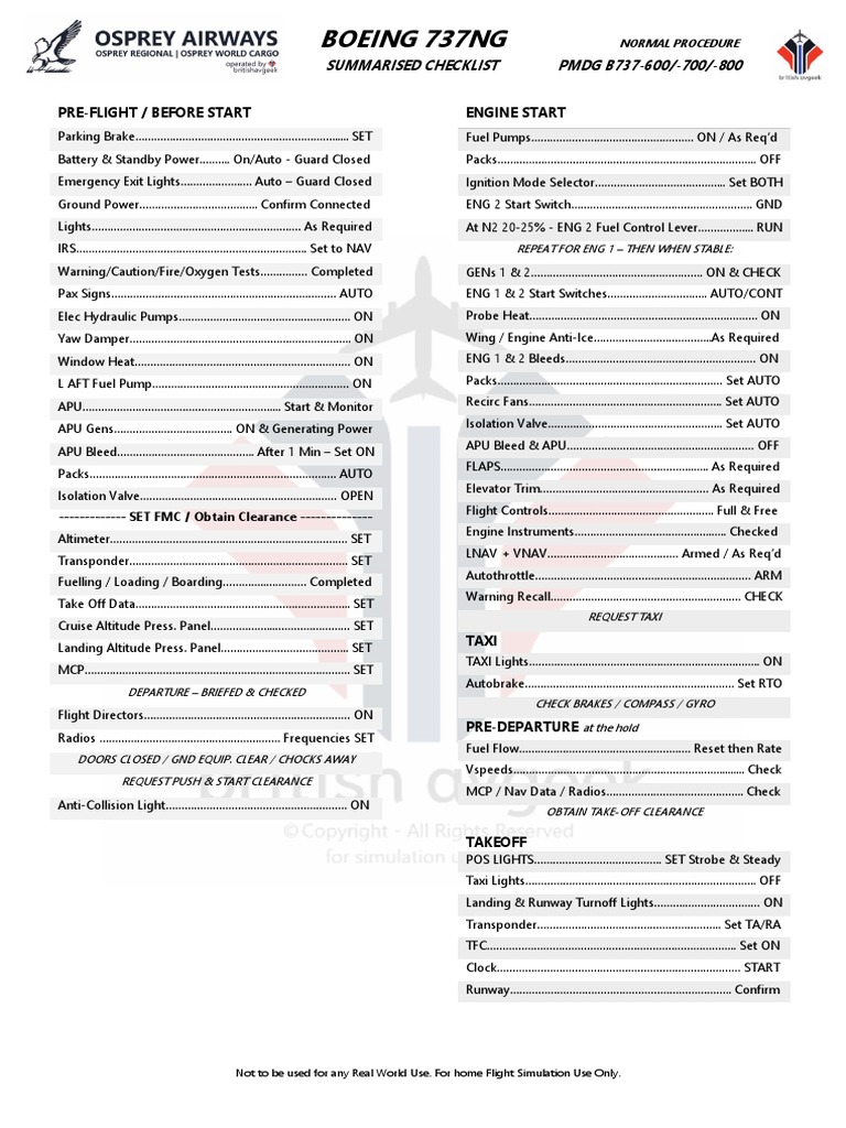 Pre-Flight / Before Start Engine Start: Summarised Checklist PMDG B737 ...