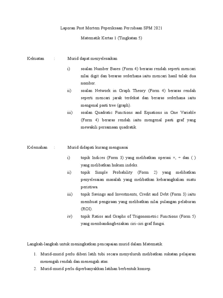 Laporan Post Mortem Peperiksaan Percubaan SPM 2021 | PDF