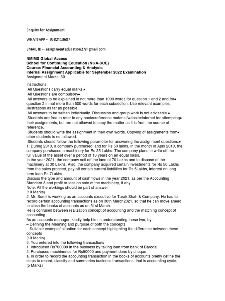 Financial Accounting & Analysis 3RD SEMESTER NMIMS September 2022 Solved Assignments | PDF ...