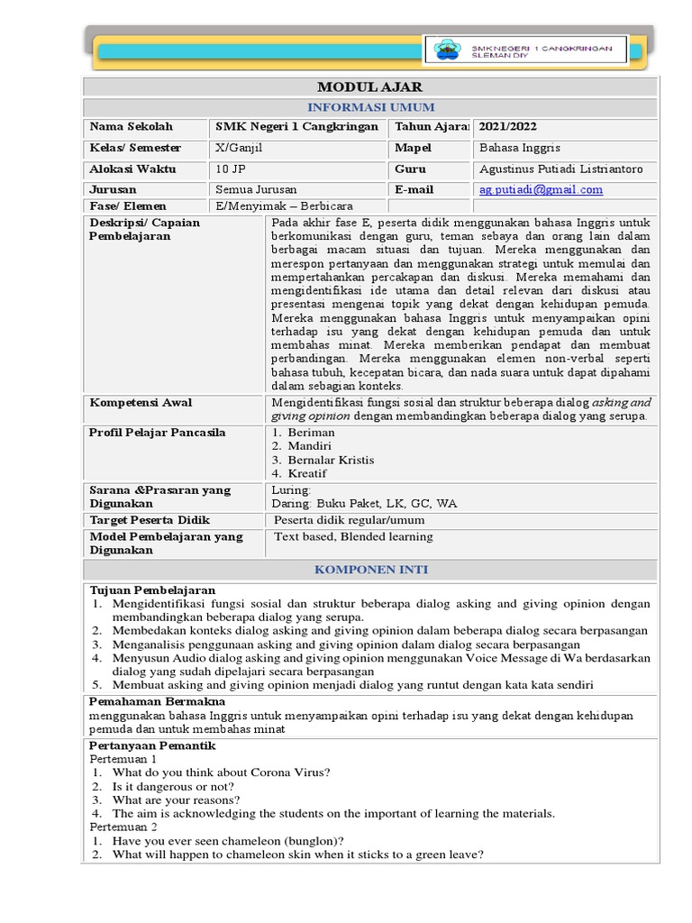 Contoh Modul Ajar - SMK Cangkringan | PDF