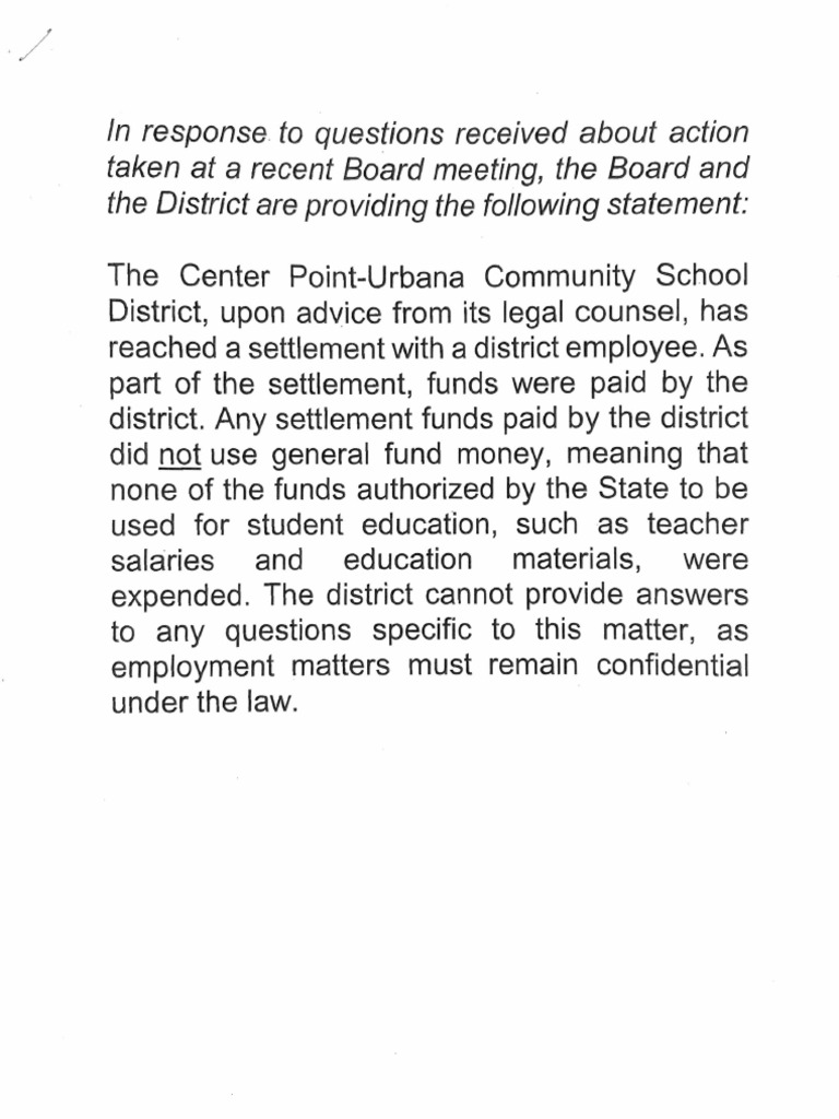 Center Point-Urbana School District Settlement Agreement | PDF Center Point-Urbana School District Settlement Agreement | PDF