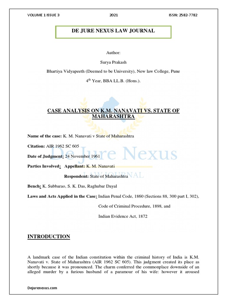 K.M. Nanavati Case Analysis | PDF | Criminal Procedure In South Africa ...