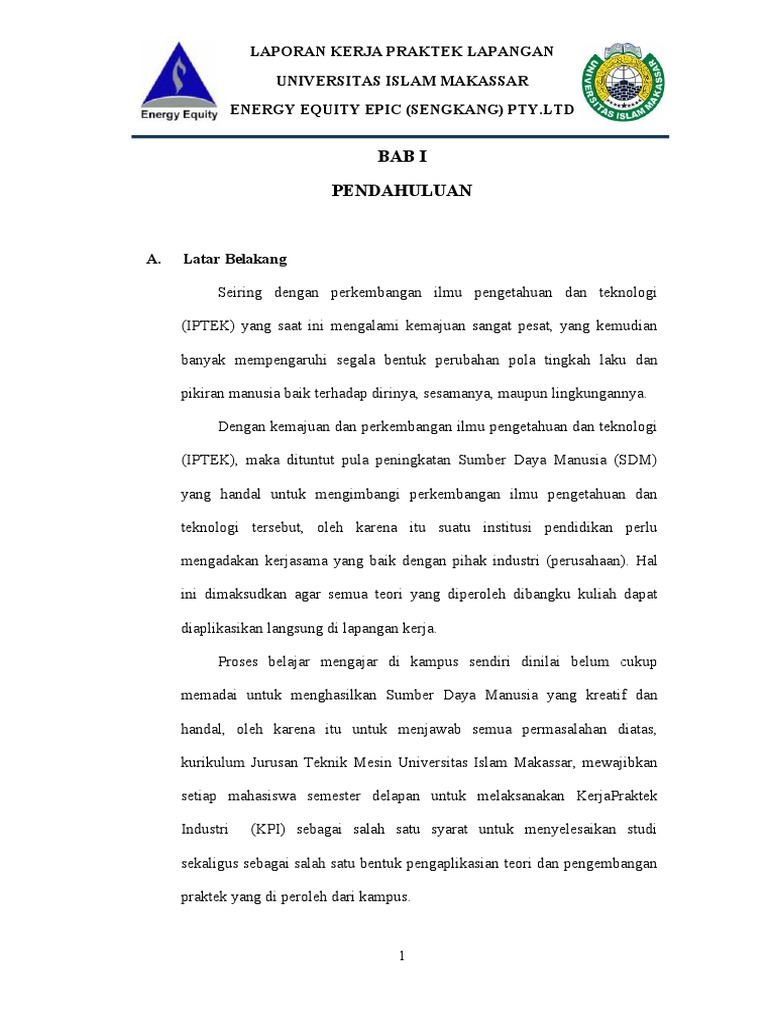 Laporan Kerja Praktek di Energy Equity | PDF