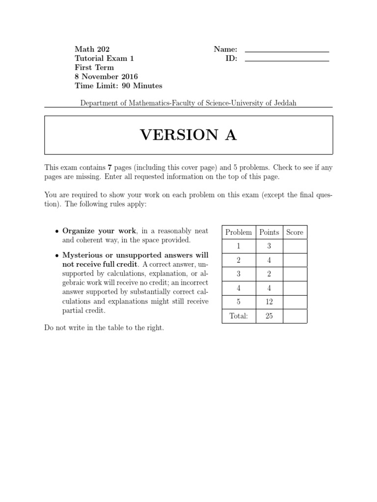 Math 202 Tutorial Exam 1 Guide | PDF | Mathematical Analysis | Mathematics