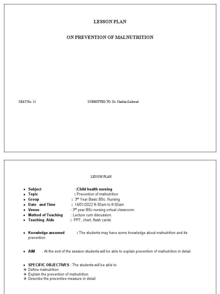 Lesson Plan On Prevention of Malnutrition | Download Free PDF | Malnutrition | Diet & Nutrition