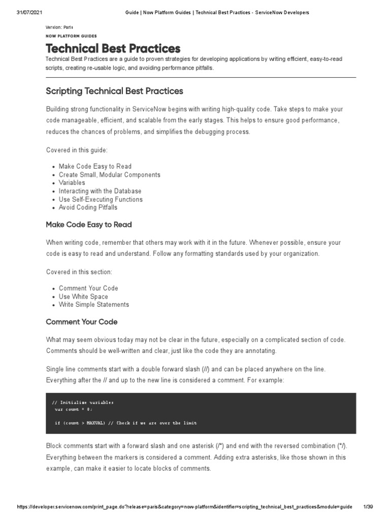 Guide Now Platform Guides Technical Best Practices - ServiceNow Developers | PDF | Subroutine ...