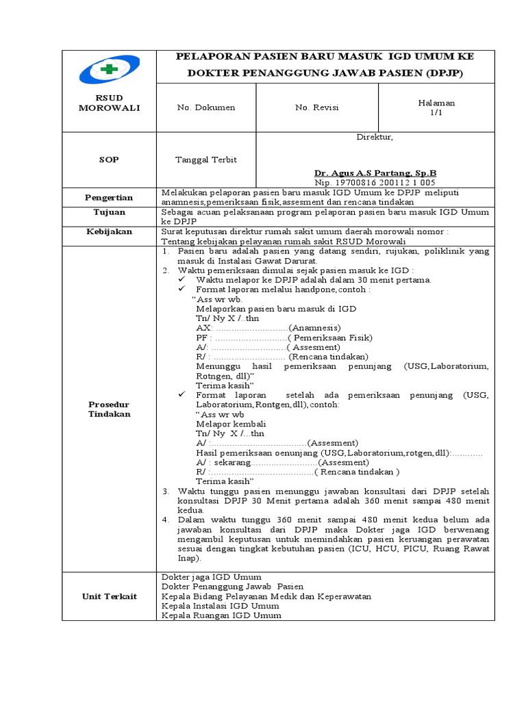 Sop Pelaporan Pasien Baru Masuk Igd Umum Ke Dokter Penanggung Jawab Pasien (DPJP) | PDF