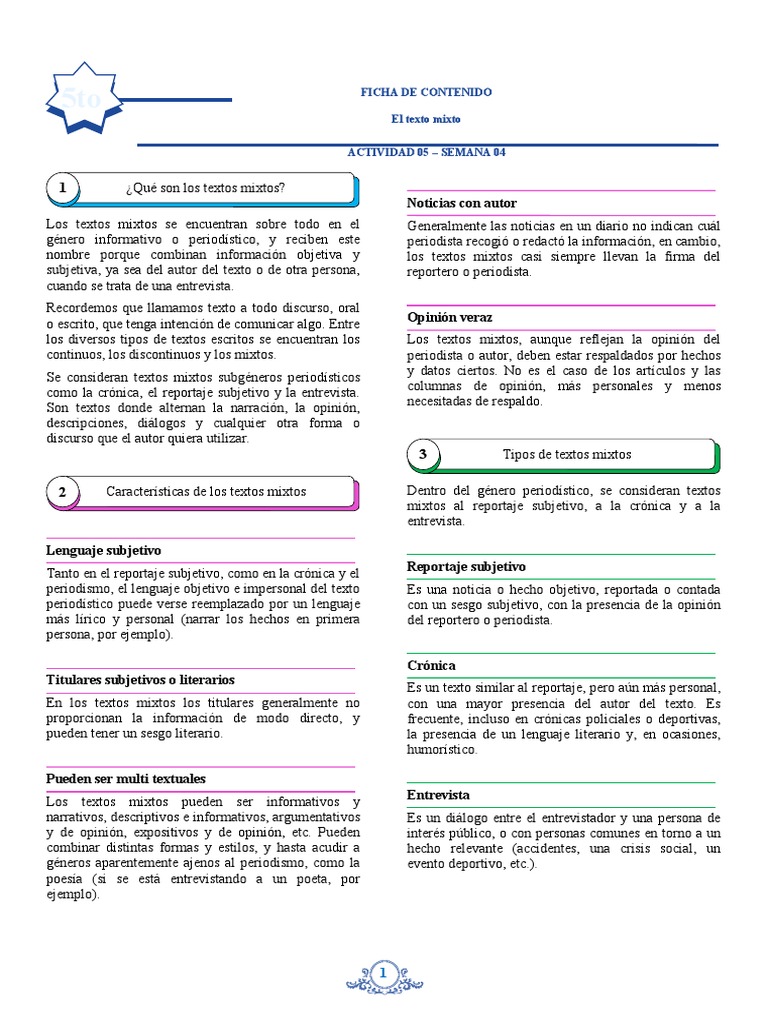 COM 5to - EdA 3 - Sem 4 Ficha de Contenido - El Texto Mixto | PDF