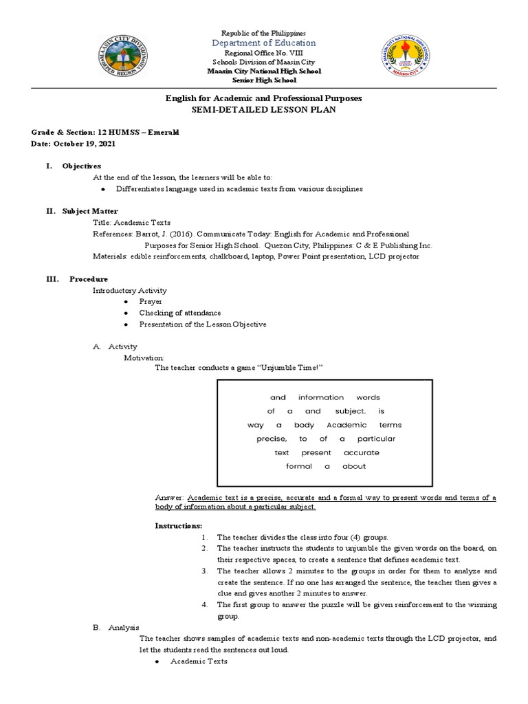 Lesson Plan in English for Academic and Professional Purposes ...