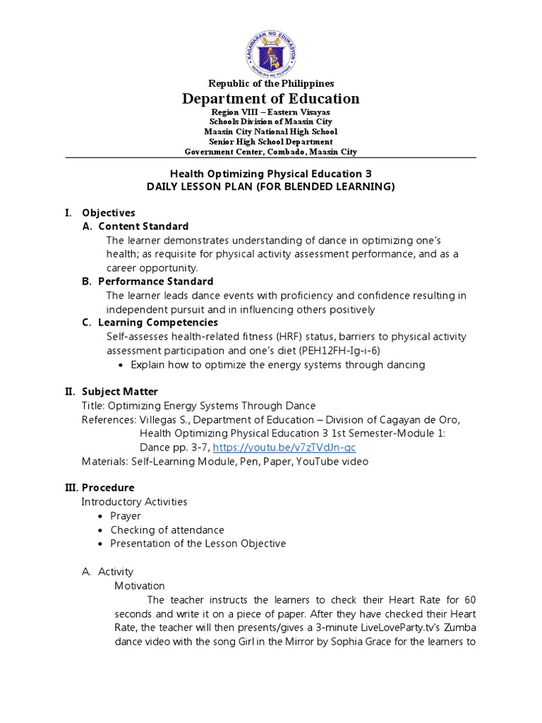 Lesson Plan in Health Optimizing Physical Education 3 - Energy Systems ...