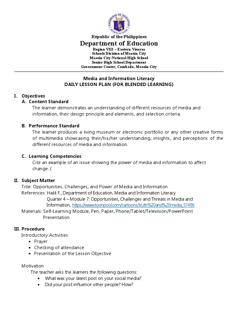 Lesson Plan in Media and Information Literacy - Opportunities ...